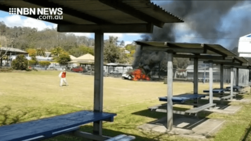 CAR BURSTS INTO FLAMES AFTER CRASHING THROUGH PLAYGROUND AT KYOGLE ...